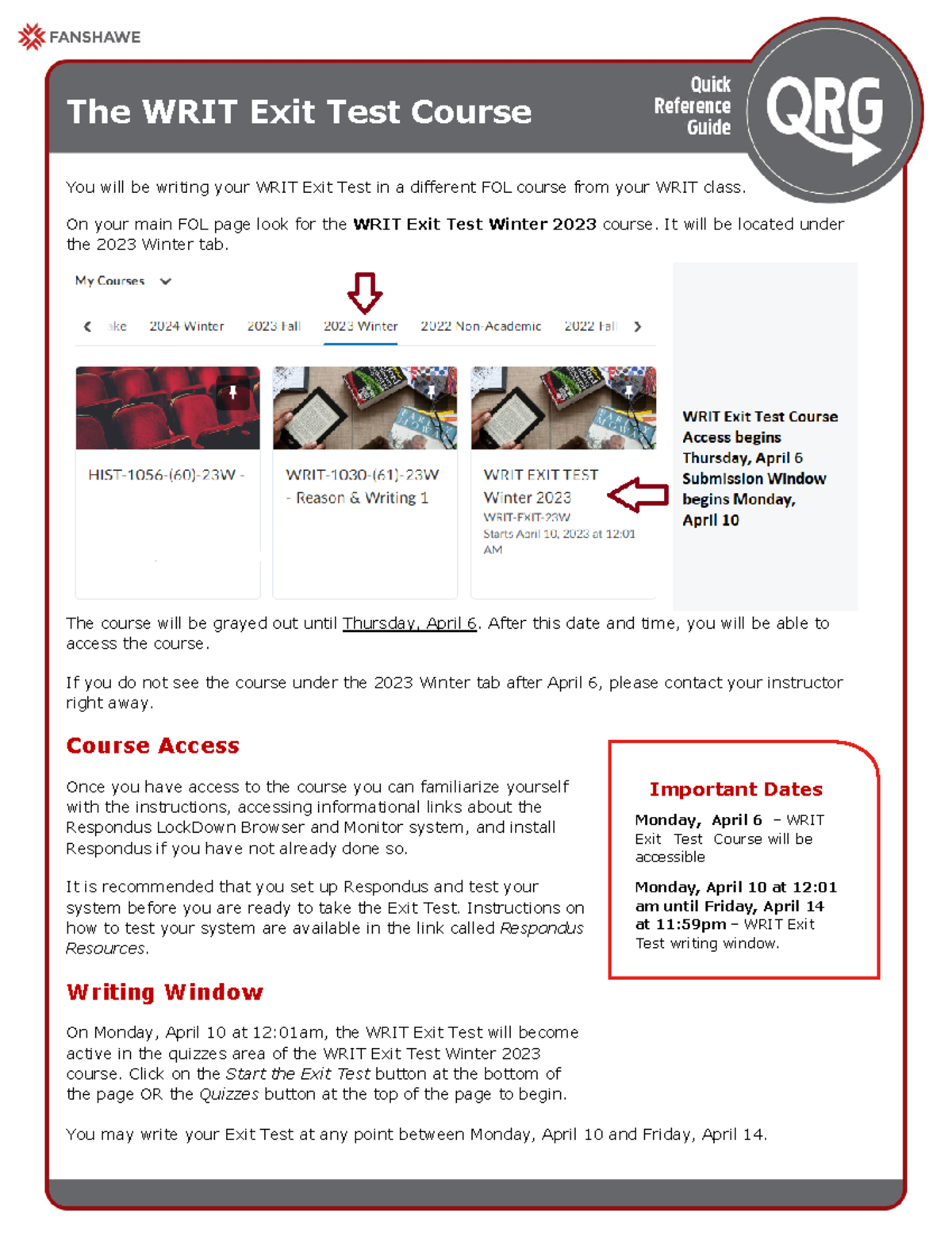 WRIT Exit Test W23 Quick STU. Reference Guide - The WRIT Exit Test ...