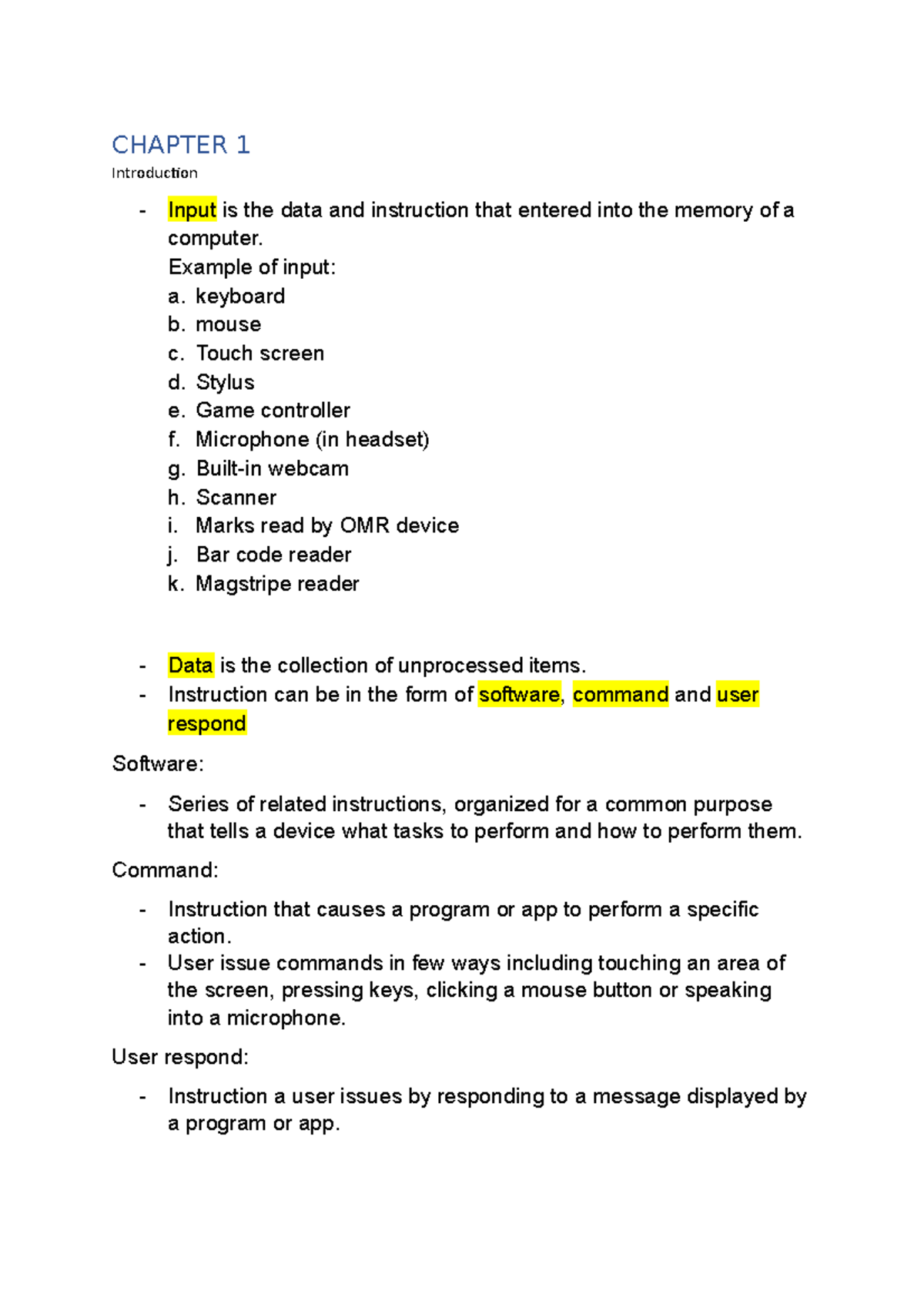 Chapter 1 Computer application - CHAPTER 1 Introduction Input is the ...