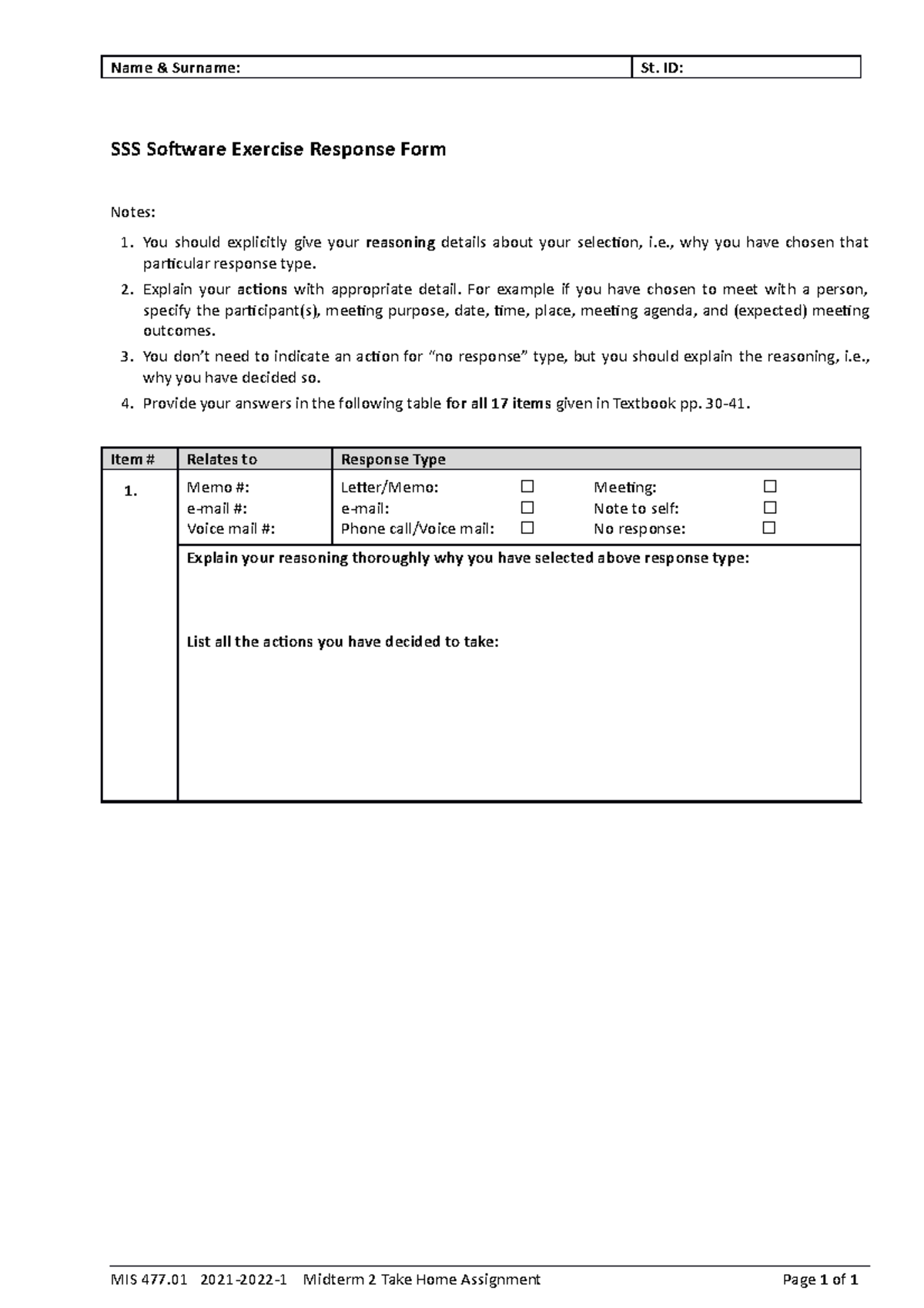 SSS Software Exercise Response Form - Name & Surname: St. ID: SSS ...