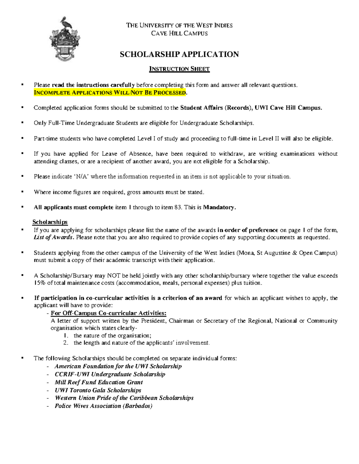 Scholarship-Application-Form - THE UNIVERSITY OF THE WEST INDIES CAVE ...