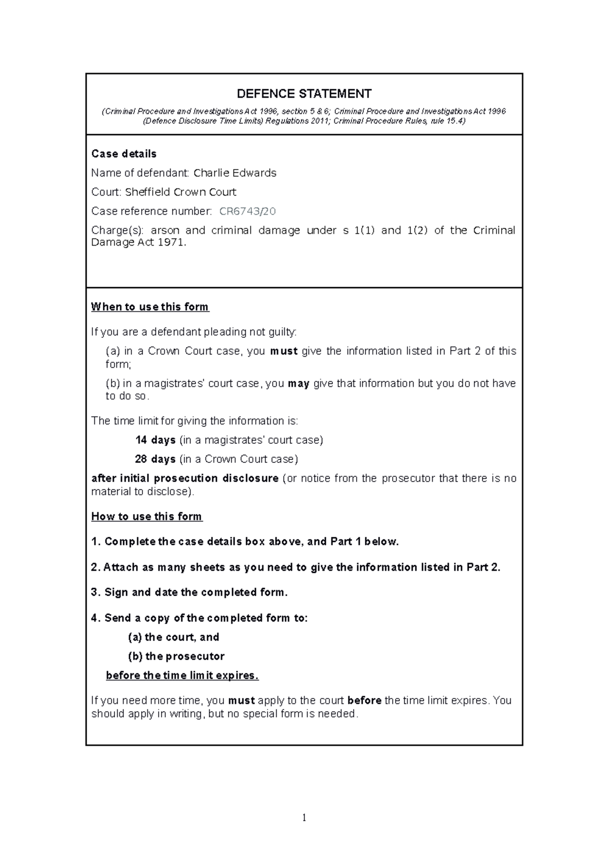 Defence statement - DEFENCE STATEMENT (Criminal Procedure and ...