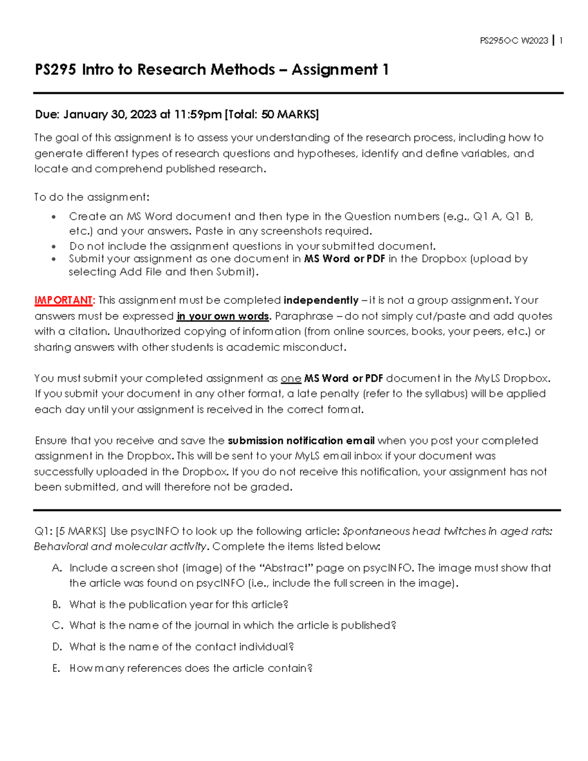 assignment 1 PS295 - PS295 Intro to Research Methods – Assignment 1 Due ...