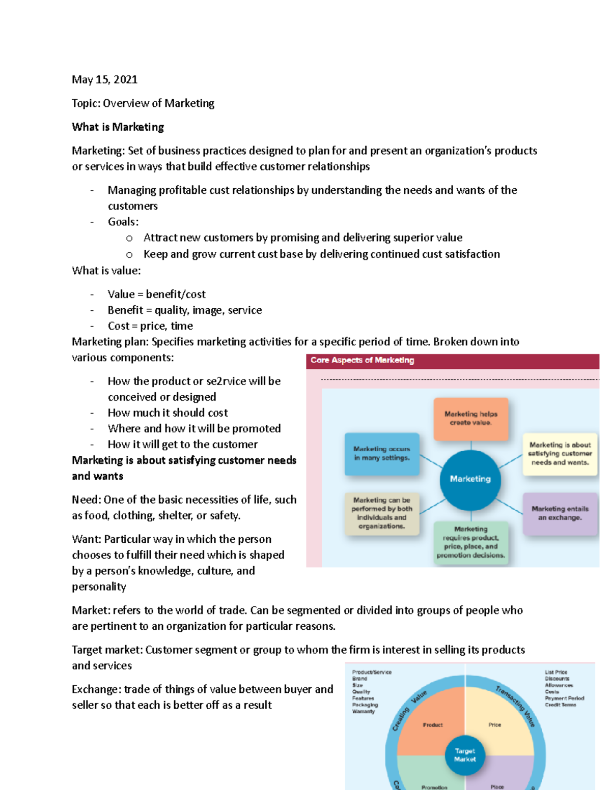 Marketing lesson 1 notes - May 15, 2021 Topic: Overview of Marketing ...