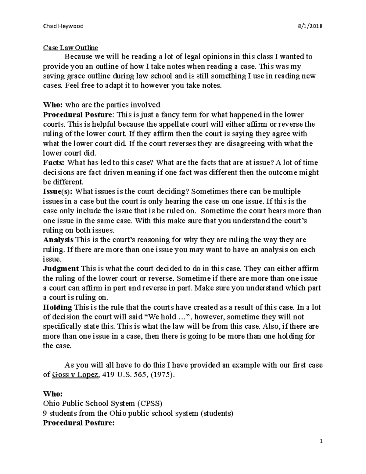 Case Law Outline - Chad Heywood 8/1/ Case Law Outline Because we will ...