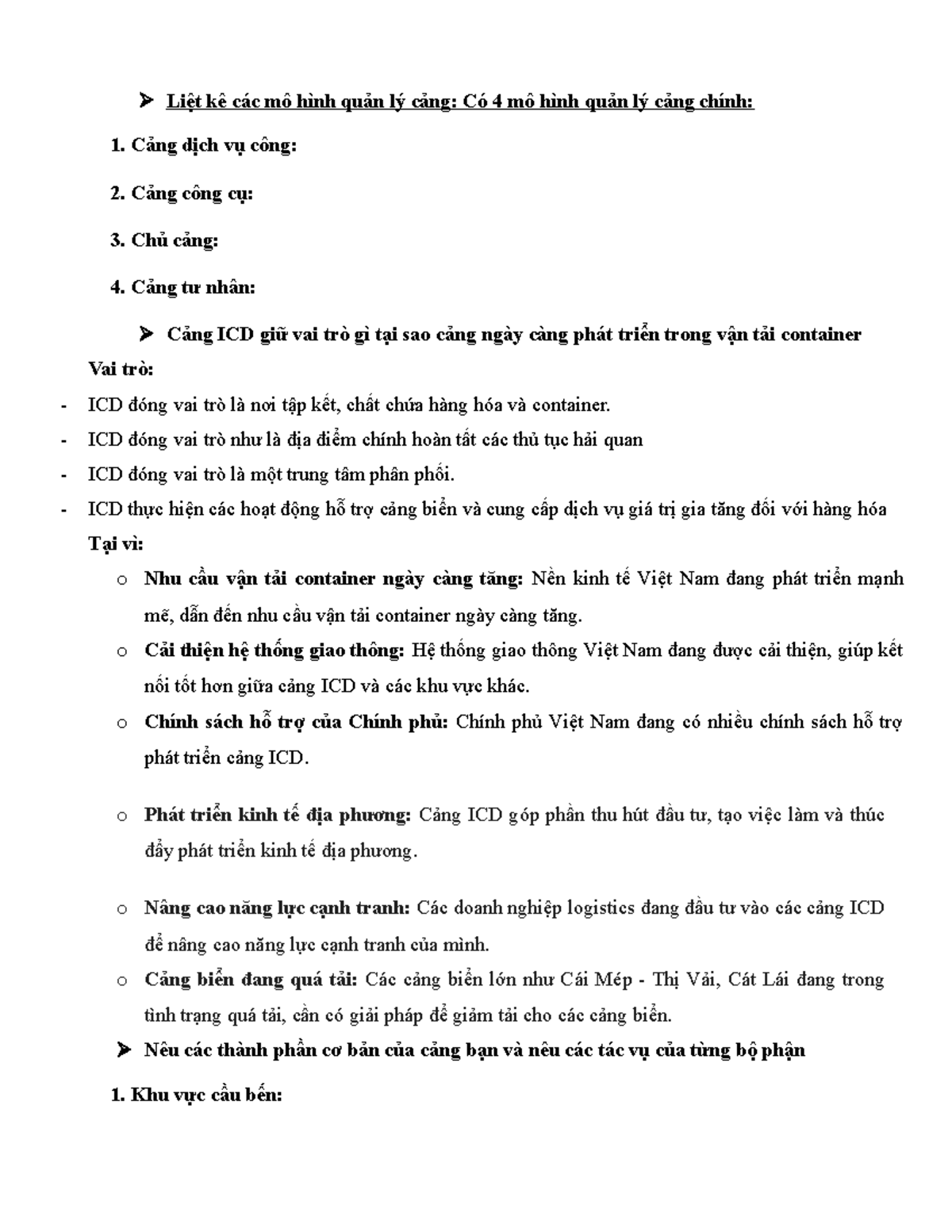 Lý thuyết VHC - nỎTHING - Ø Liệt kê các mô hình quản lý cảng: Có 4 mô ...