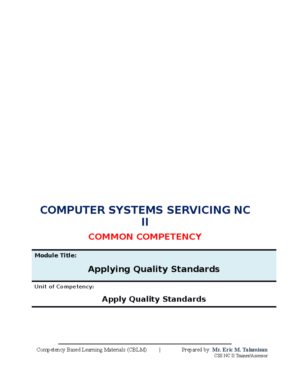 Common 1- Apply Quality Standards (20pgs) - Competency-Based Learning Materials (CBLM) COMPUTER ...