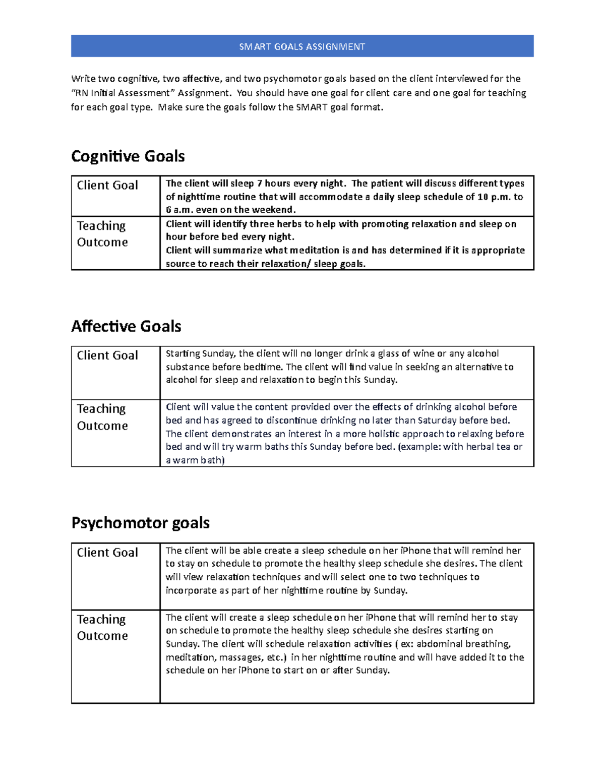 Week 4 Smart Goals Assignment - SMART GOALS ASSIGNMENT Write two cognitive, two affective, and ...