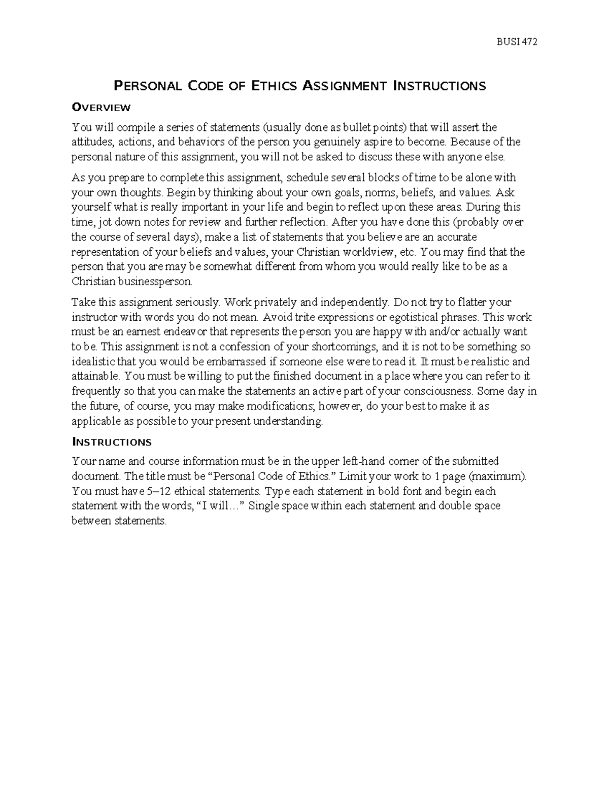 Personal Code of Ethics Assignment Instructions - BUSI 472 PERSONAL ...