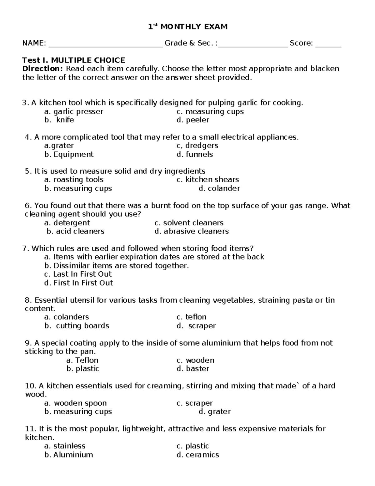 Cooking - test - 1 st MONTHLY EXAM NAME ...