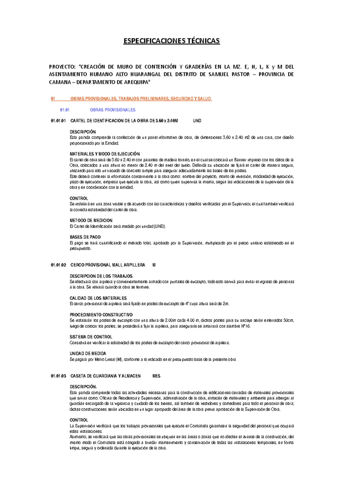 6. Especificaciones T+ë Cnicas - ESPECIFICACIONES TÉCNICAS PROYECTO: “CREACIÓN DE MURO DE ...