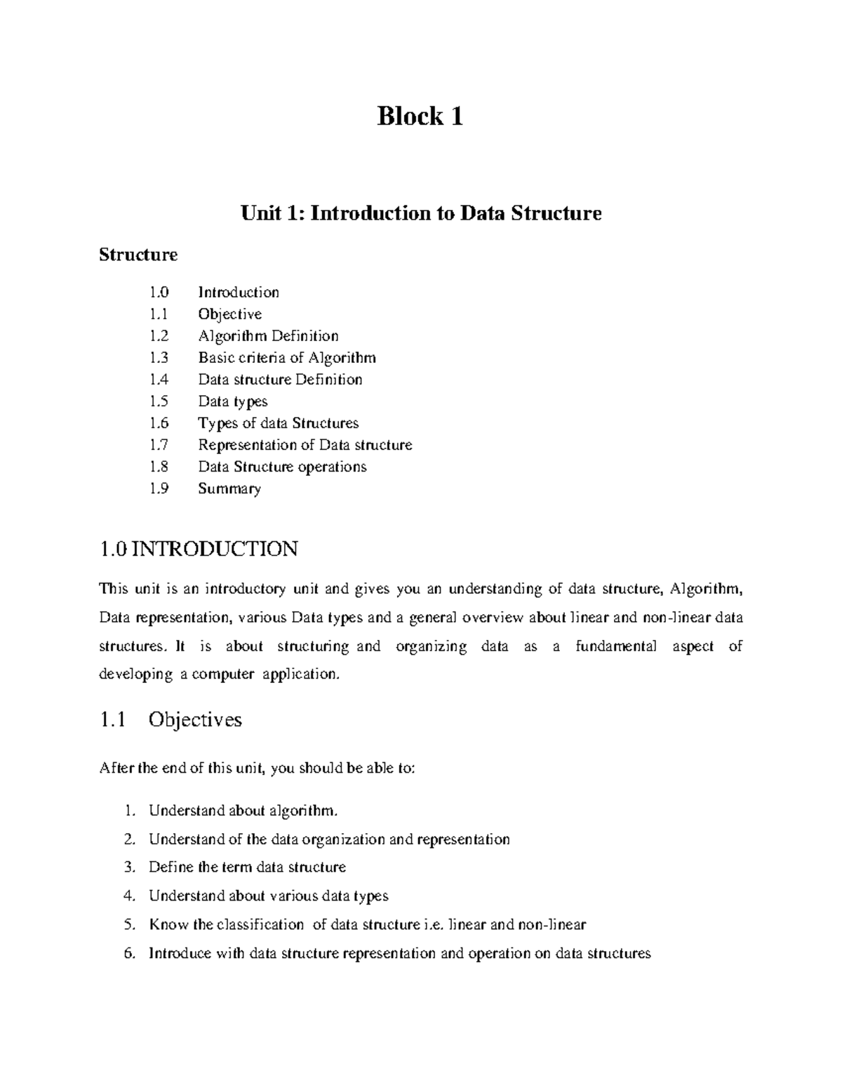 Introduction of Data structure - Block 1 Unit 1: Introduction to Data Structure Structure 1 ...