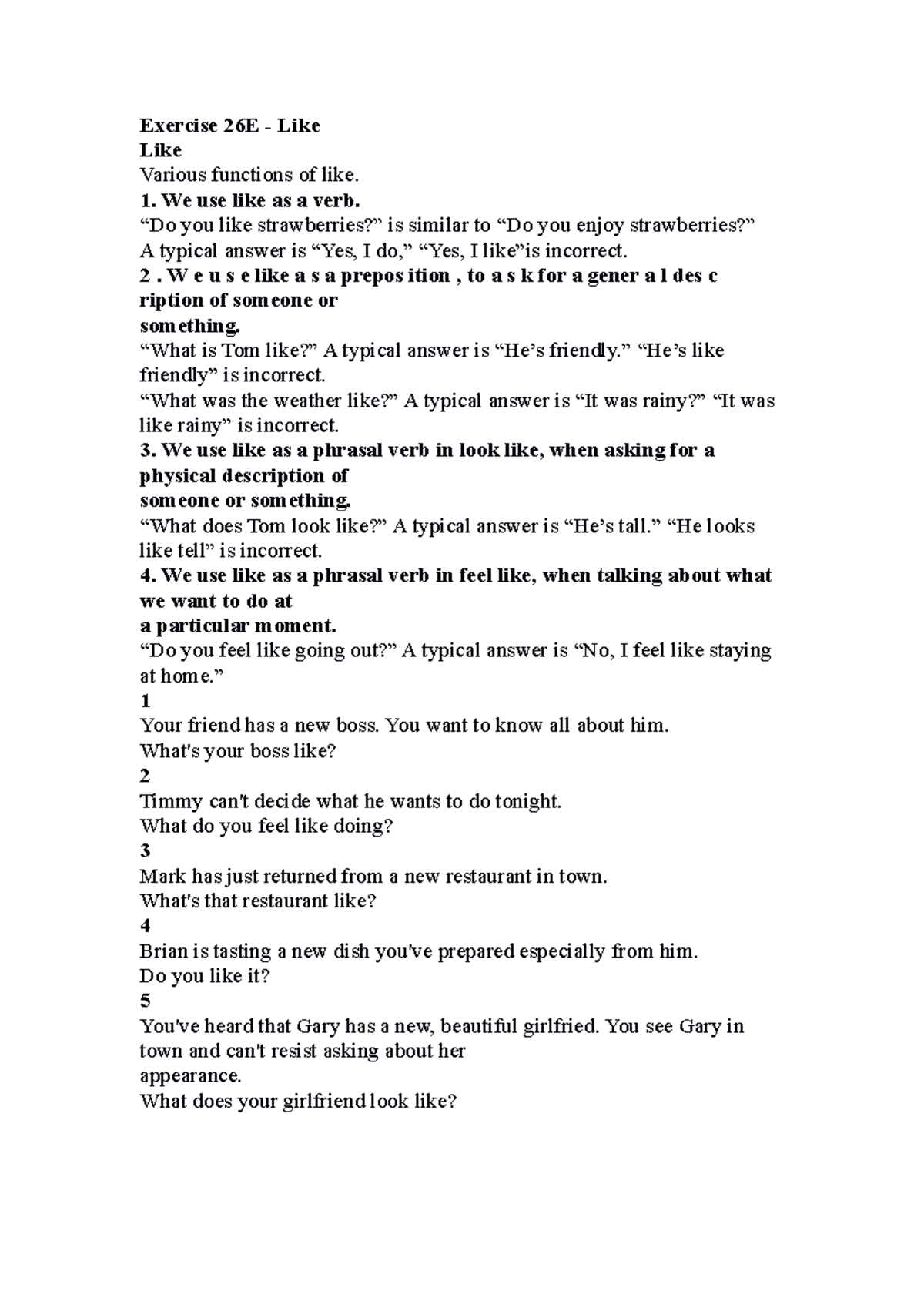 Exercise 26E - English - Exercise 26E - Like Like Various functions of ...