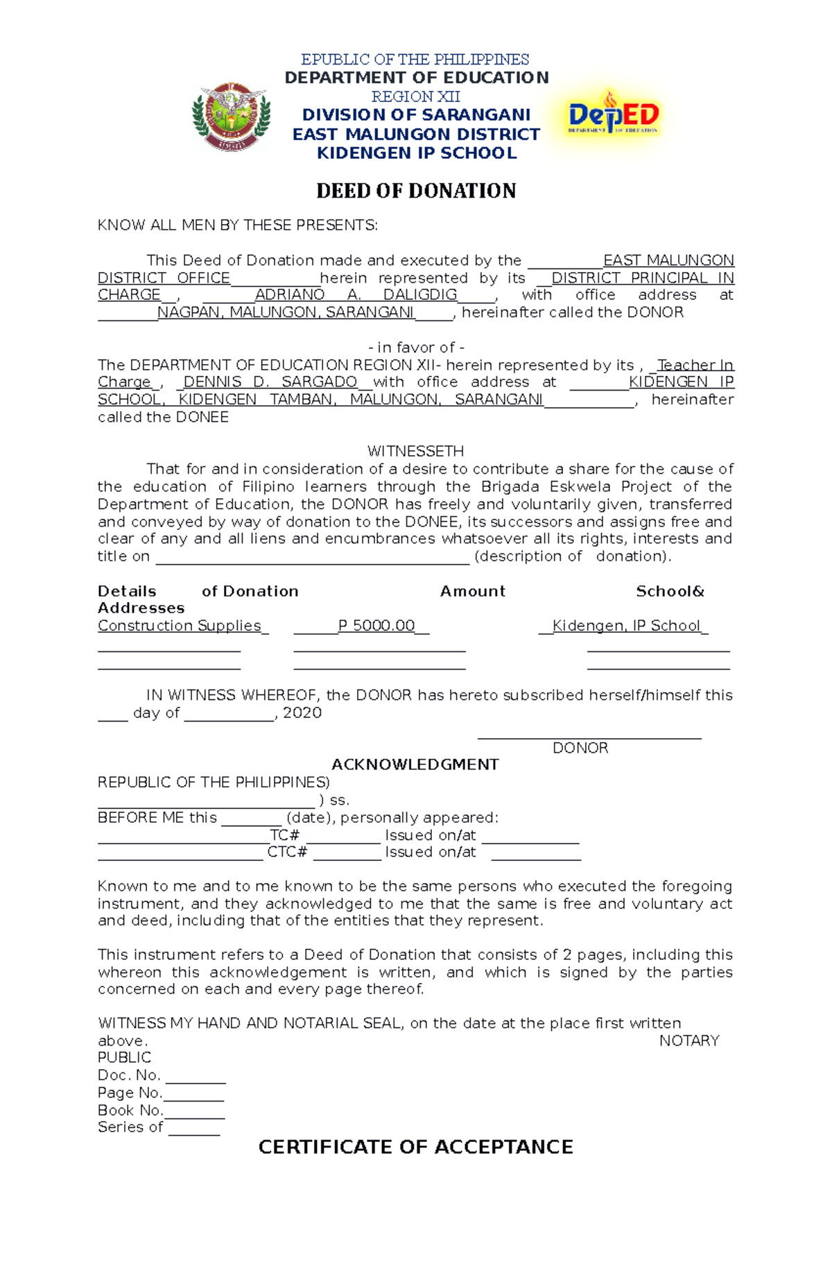 DEAD OF Donation - DEPARTMENT OF EDUCATION REGION XII DIVISION OF ...