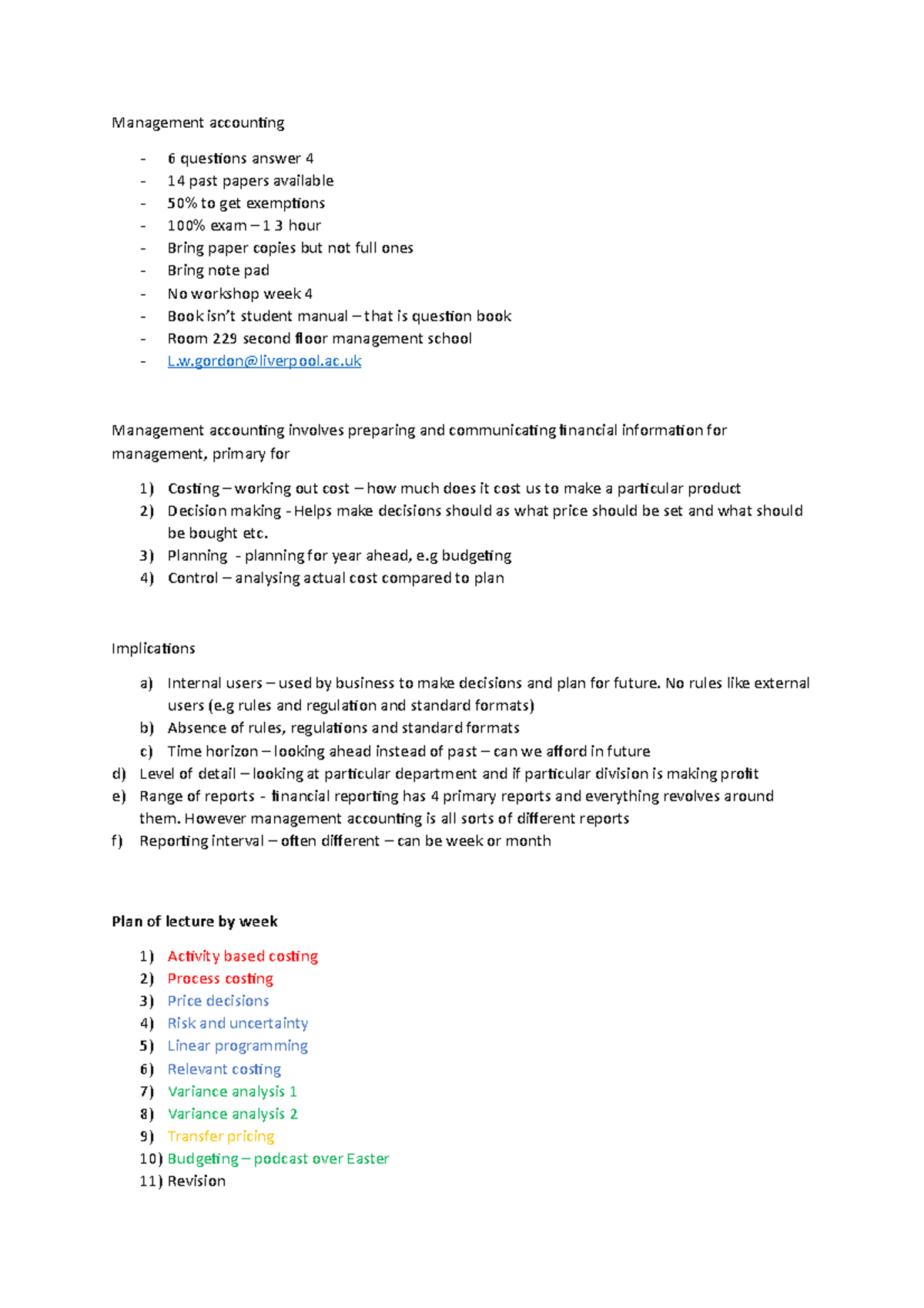 Management accounting intro notes - Management accounting 6 questions ...