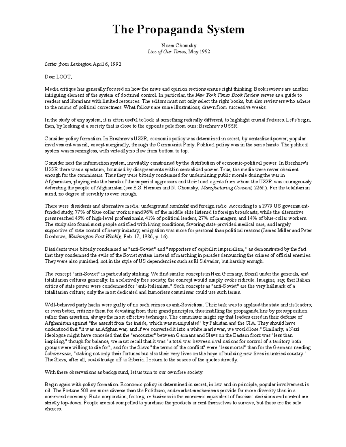 Noam Chomsky - The Propaganda System - The Propaganda System Noam ...