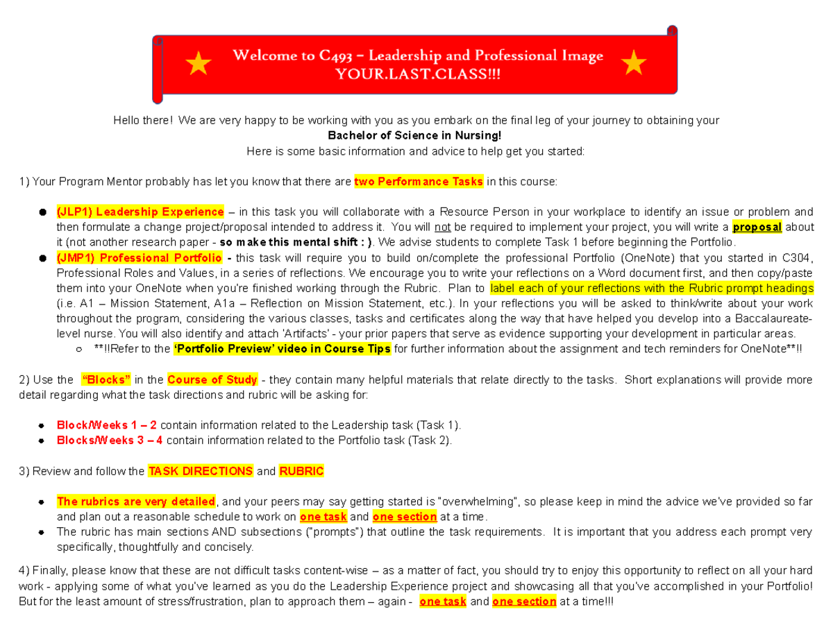 C493 Welcome - Hello there! We are very happy to be working with you as you embark on the final ...