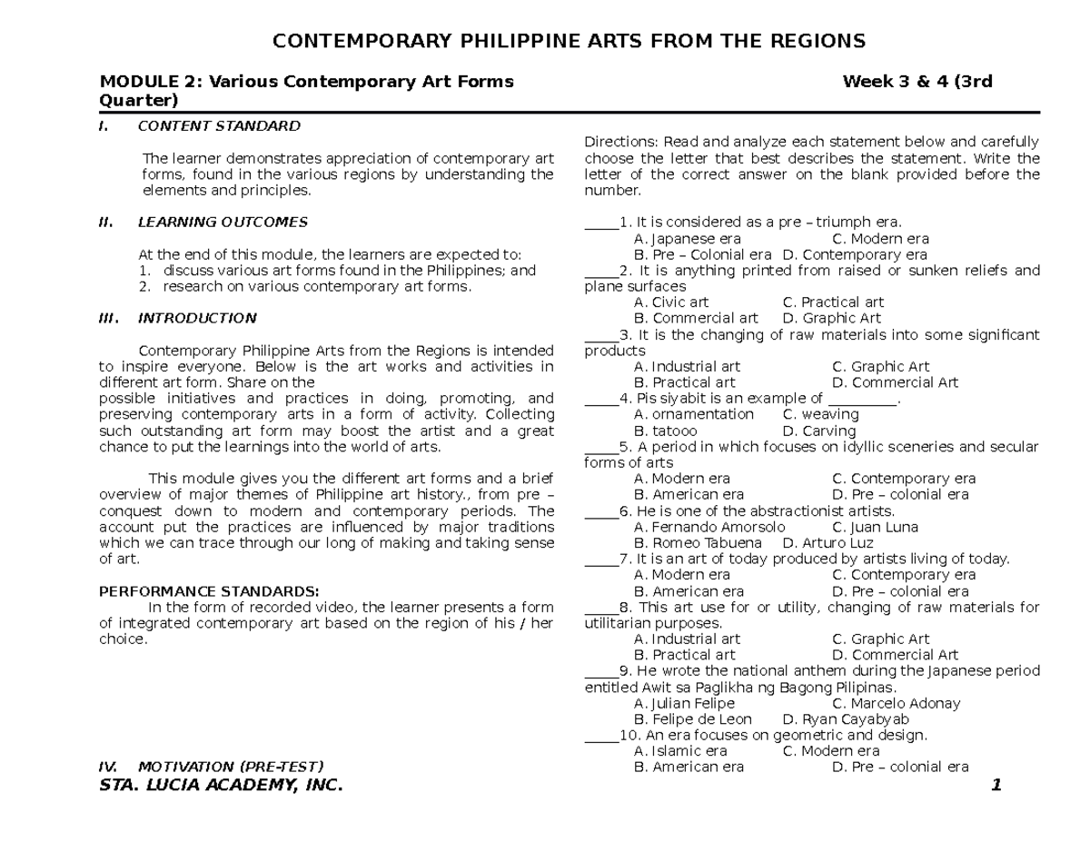 CPAR WEEK 3&4- Q3 2nd Sem - MODULE 2: Various Contemporary Art Forms ...