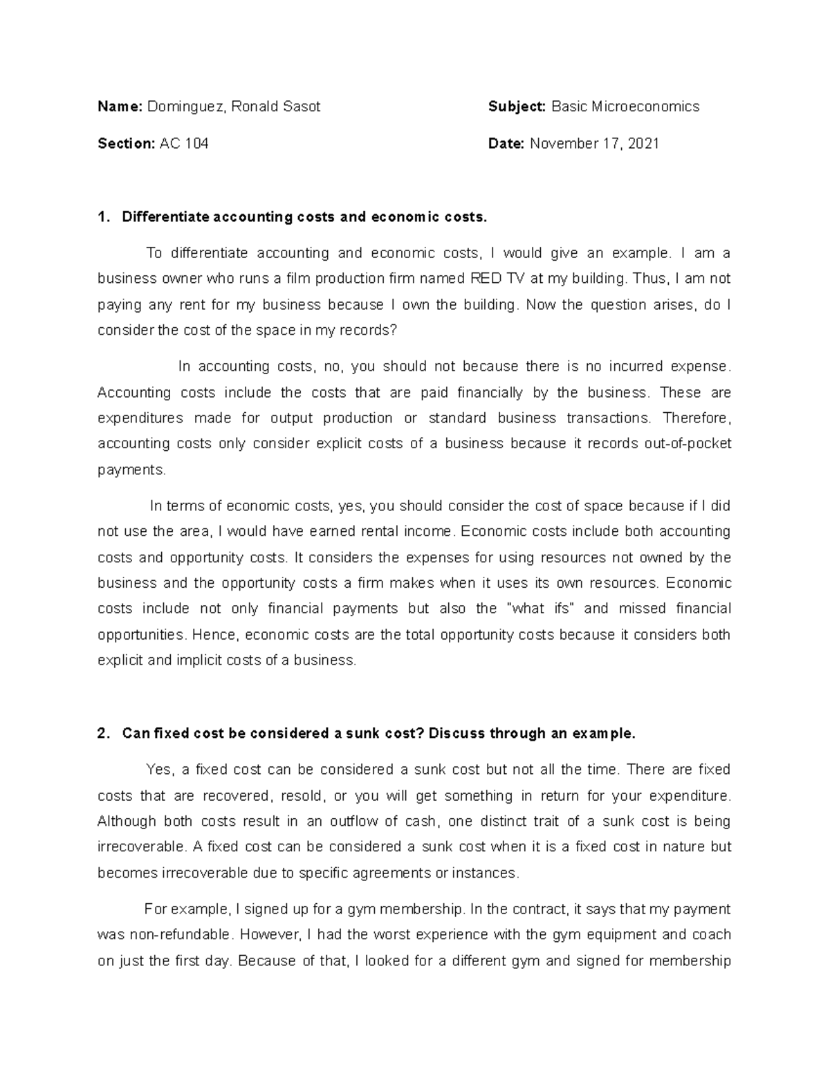 ECON 2 - ECONOMICS ASSIGNMENT HEHE - Name: Dominguez, Ronald Sasot ...