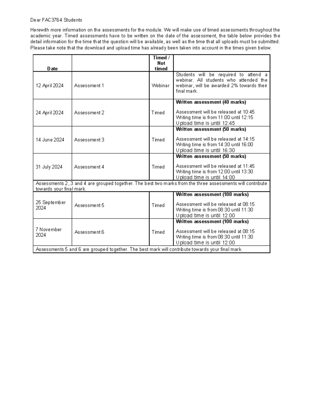 Assessment plan 2024 updated - Dear FAC3764 Students Herewith more ...