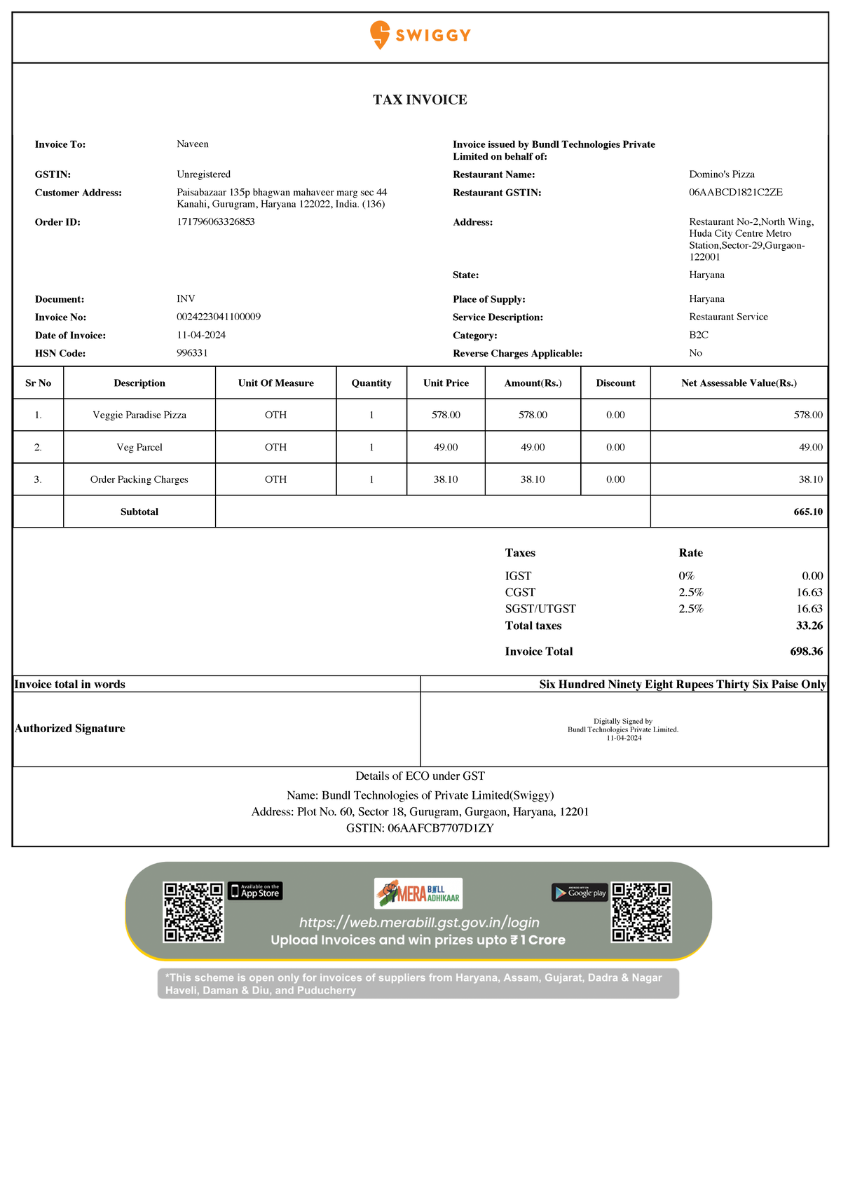 All bills - PFA - Taxes Rate IGST 0% 0. CGST 2% 16. SGST/UTGST 2% 16 ...