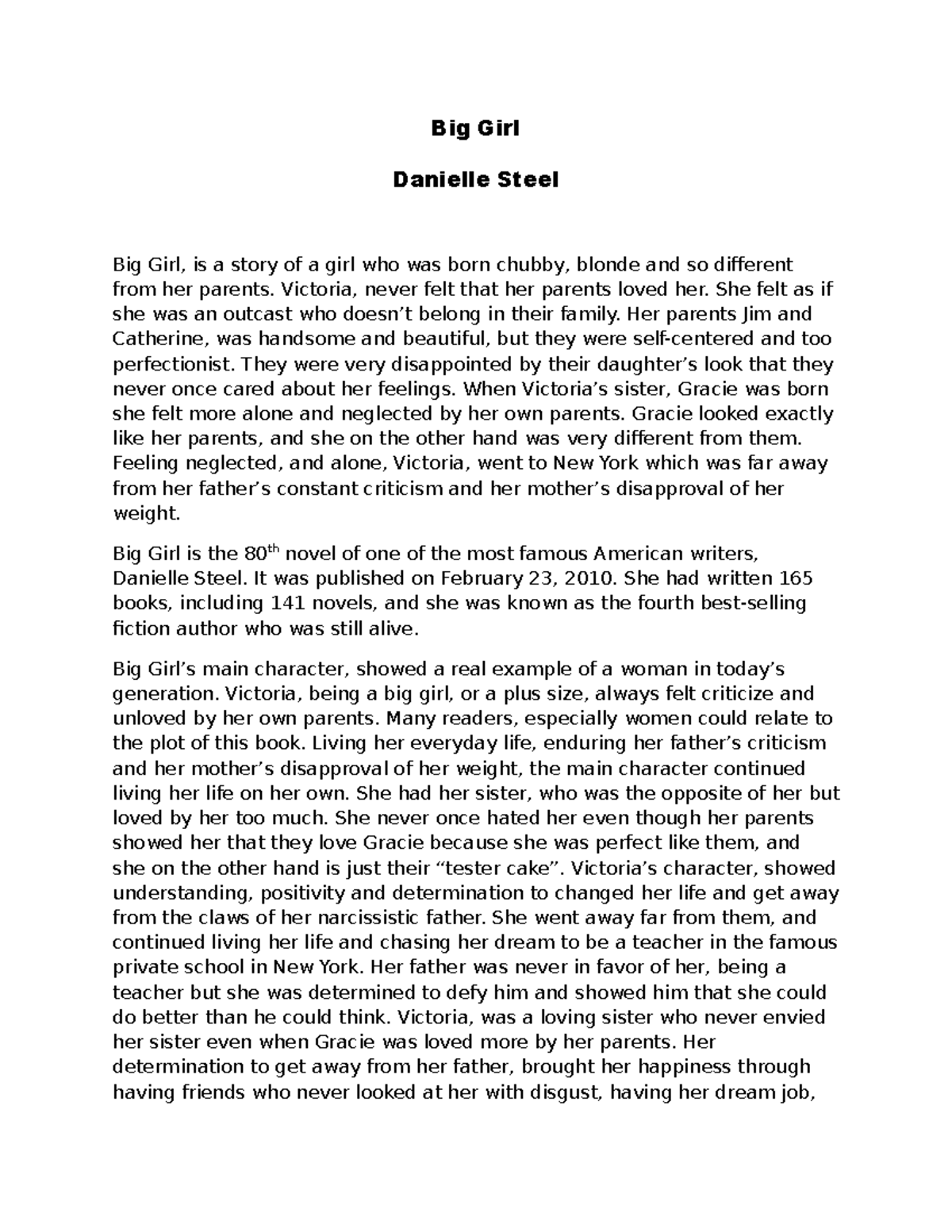 Book Report - none - Big Girl Danielle Steel Big Girl, is a story of a ...