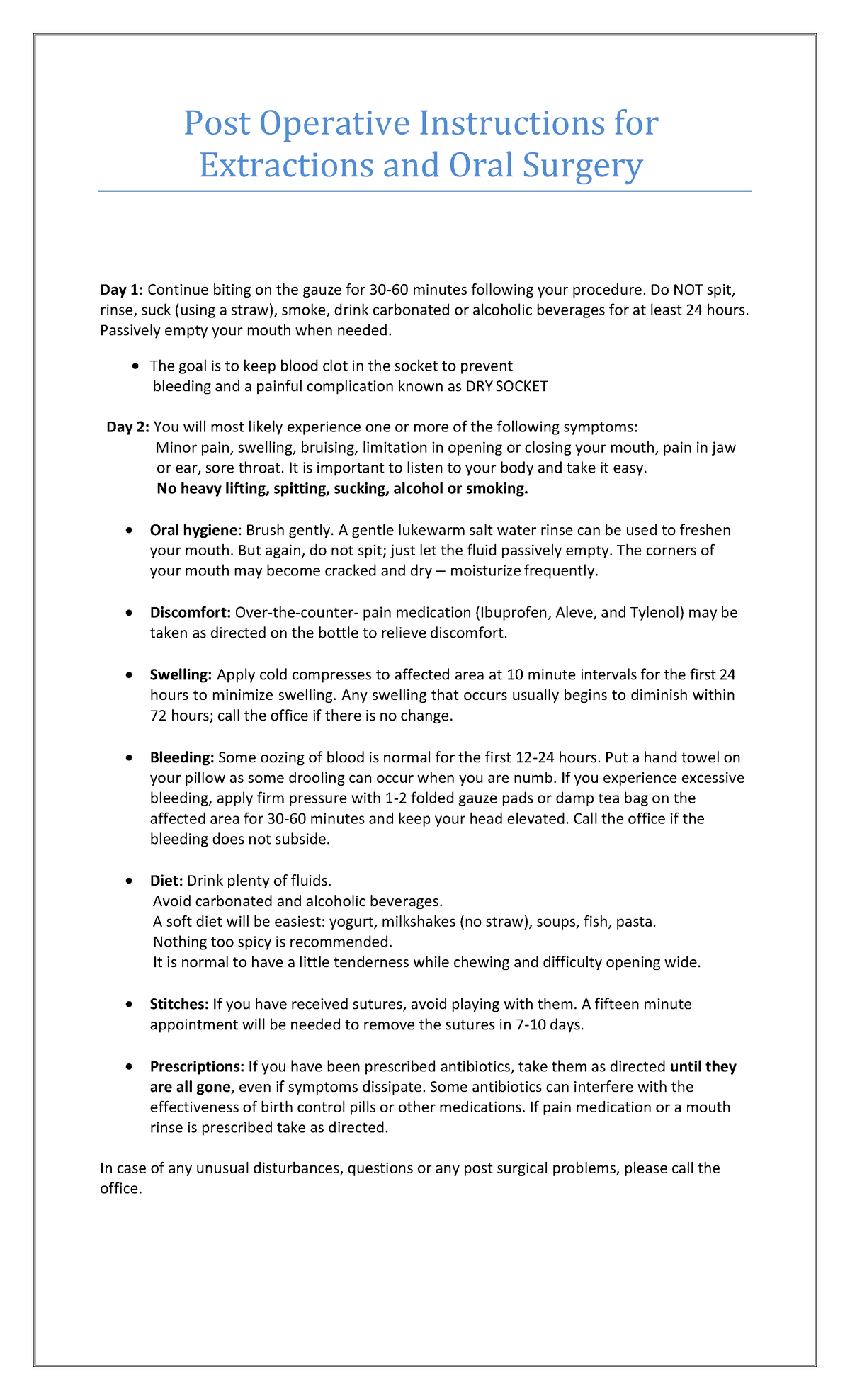 Post Operative Instructions for Extractions and Oral Surgery - Do NOT ...