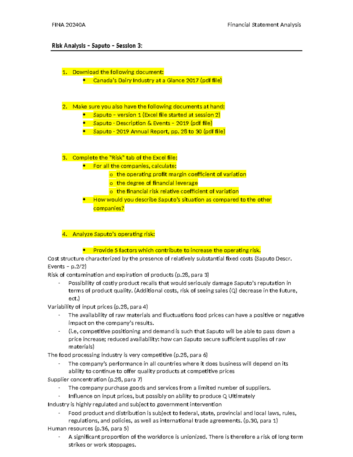 (3) Saputo - Questions - FINA 20240A Financial Statement Analysis Risk ...