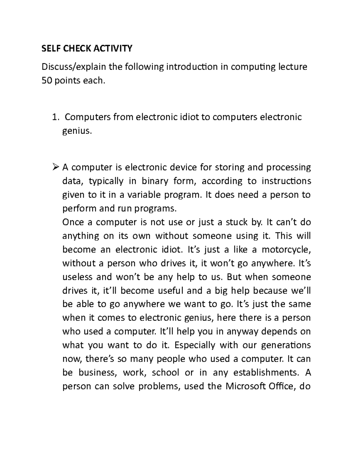 Com Sci Self Check Activity - SELF CHECK ACTIVITY Discuss/explain the ...