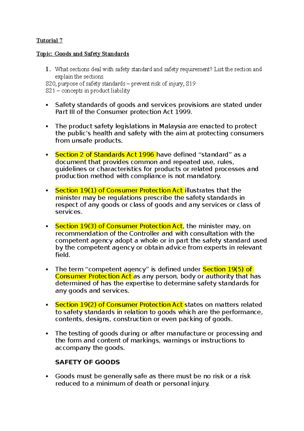 Tutorial 7 Consumer Law - Tutorial 7 Topic: Goods and Safety Standards ...