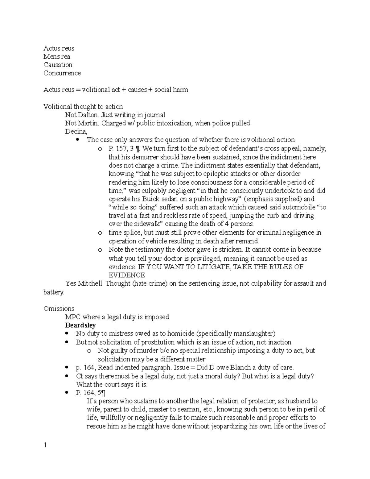 Actus reus summary - Actus reus Mens rea Causation Concurrence Actus ...