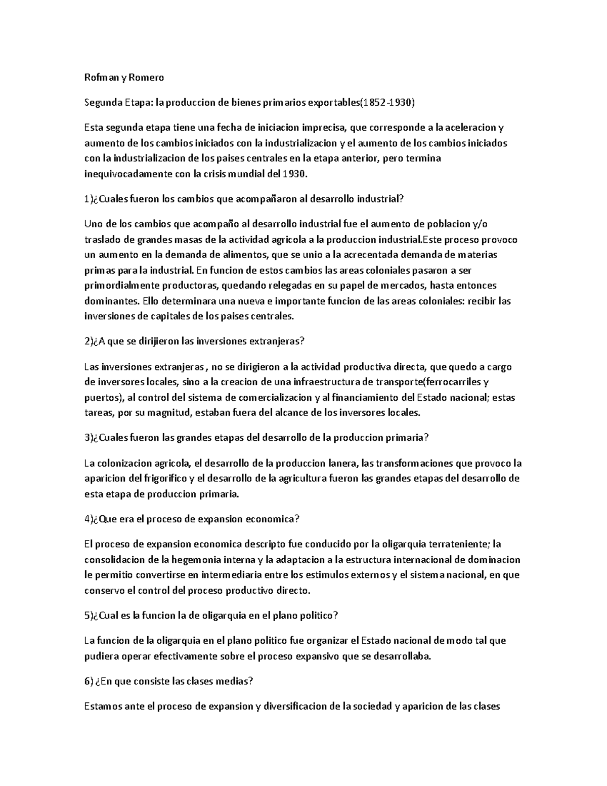 Rofman y romero resumen - Rofman y Romero Segunda Etapa: la produccion de bienes primarios - Studocu