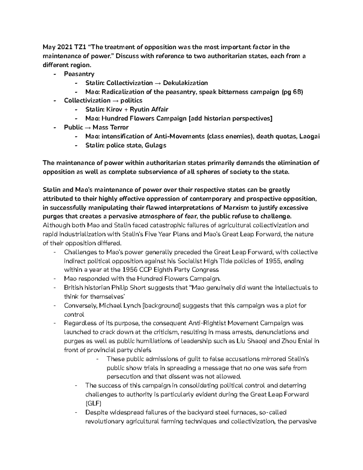 History SL Paper I Sample Essay Outline Treatment of Opposition - May ...