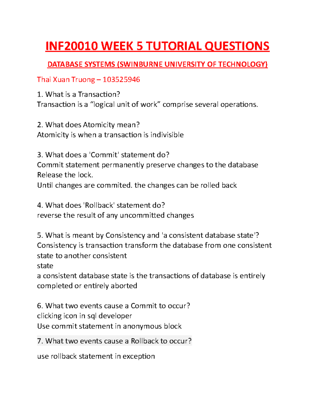 INF2001 0 WEEK 5 Tutorial Questions - INF20010 WEEK 5 TUTORIAL QUESTIONS DATABASE SYSTEMS ...