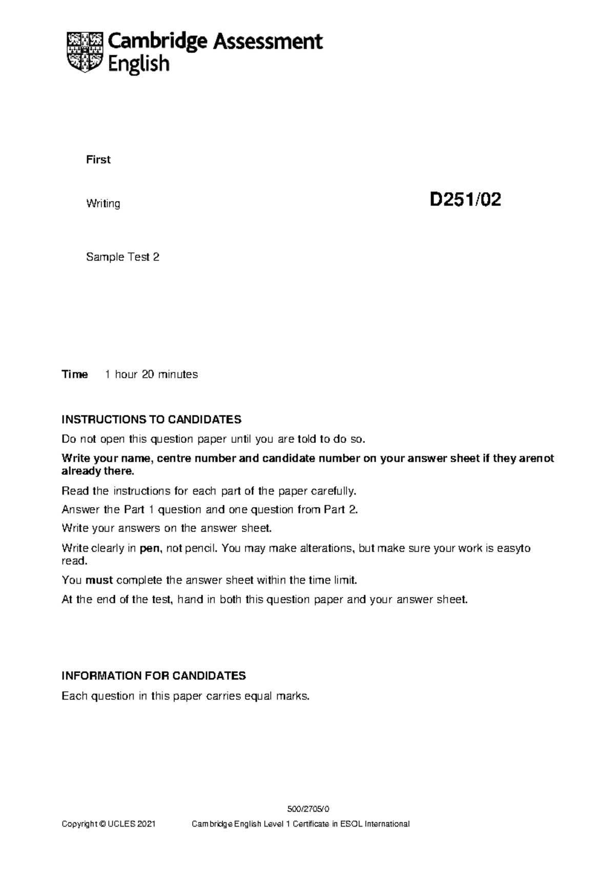 B2 First sample paper 2 Writing - **First** Writing D251/ Sample Test 2 ...