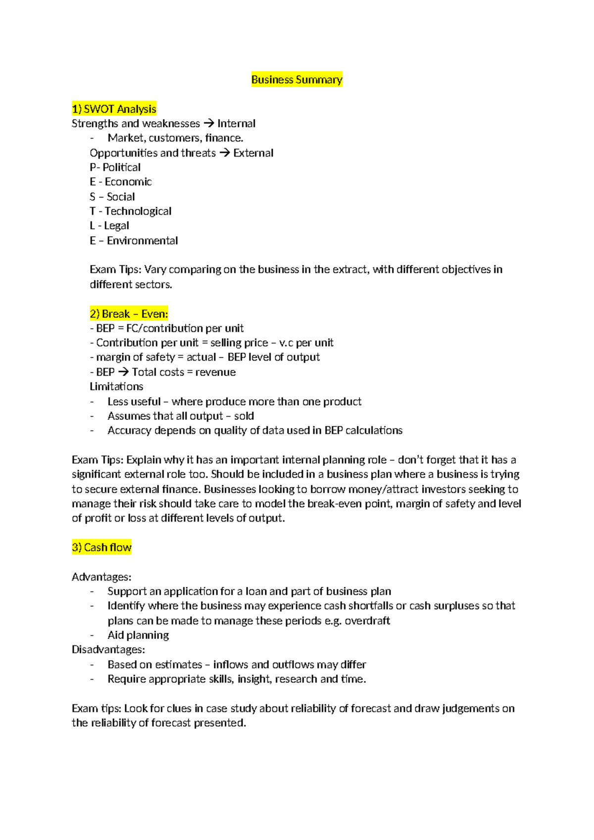 Business Summary - notes - Business Summary SWOT Analysis Strengths and ...