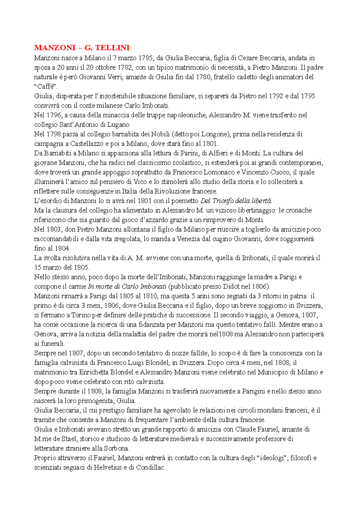 Manzoni - MANZONI – G. TELLINI Manzoni nasce a Milano il 7 marzo 1785 ...