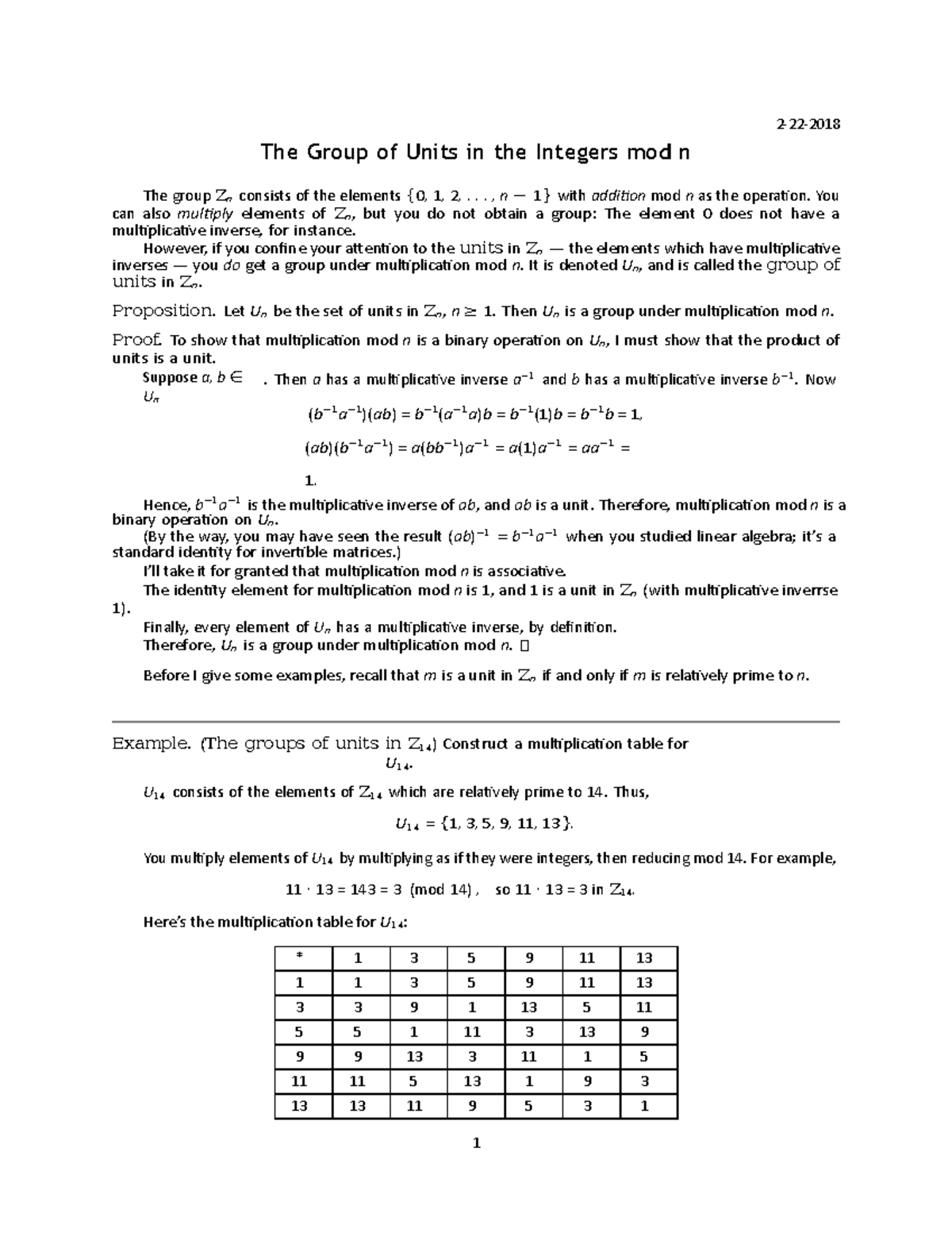 The Group of Units in the Integers mod n - 1 The Group of Units in the Integers mod n 2-22- The ...