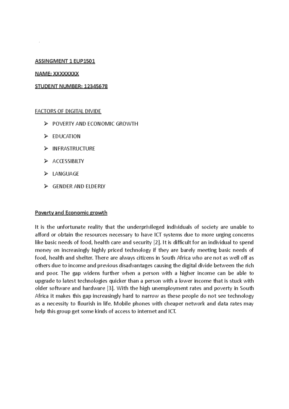 Assignment 01 EUP1501 - ASSINGMENT 1 EUP NAME: XXXXXXXX STUDENT NUMBER ...