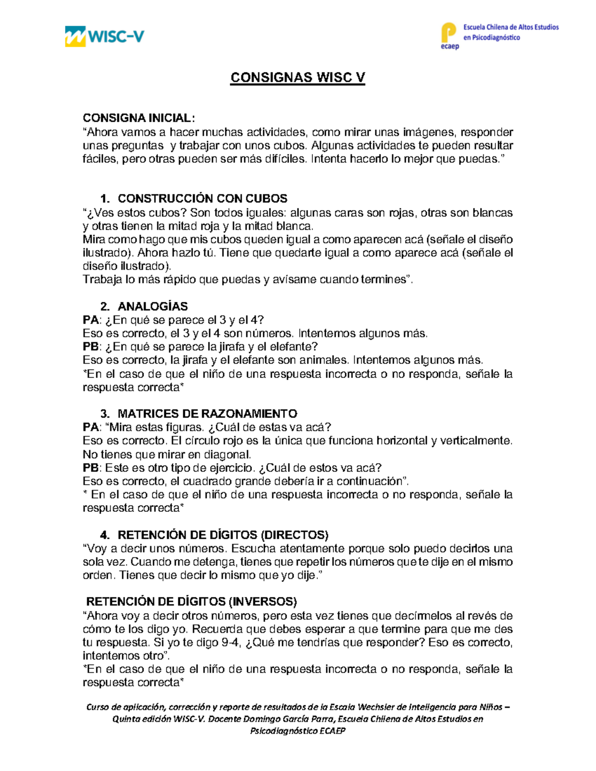 Consignas- WISC - WISC-V - Curso de aplicación, corrección y reporte de resultados de la Escala ...
