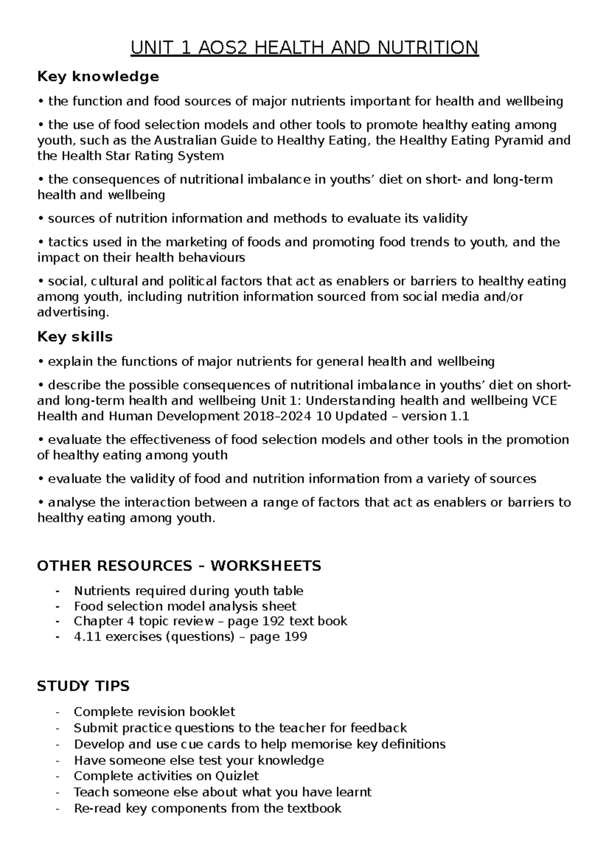 Revision booklet sac2 - UNIT 1 AOS2 HEALTH AND NUTRITION Key knowledge ...