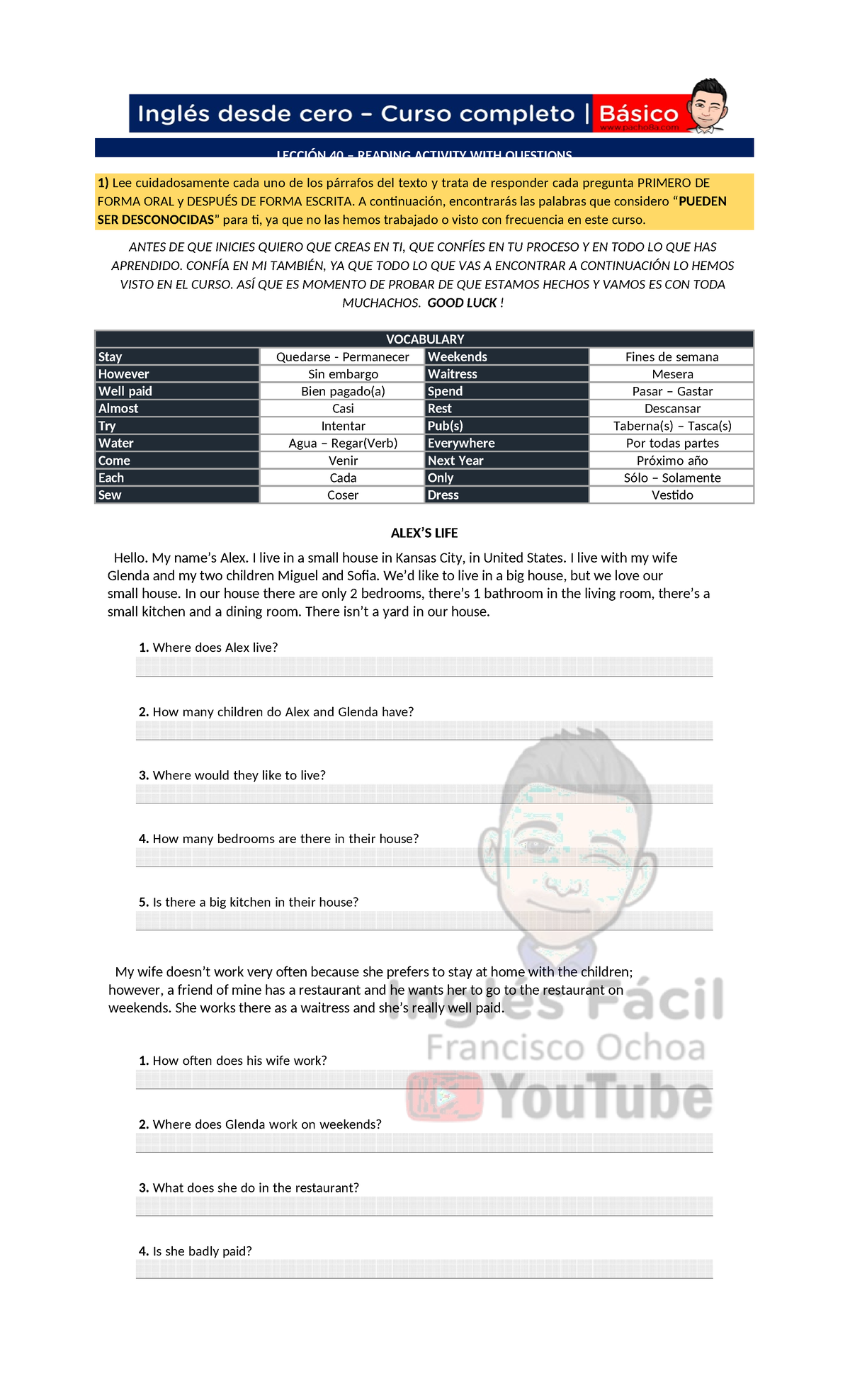 Lección 40 – Reading Activity WITH Questions - 1) Lee cuidadosamente ...