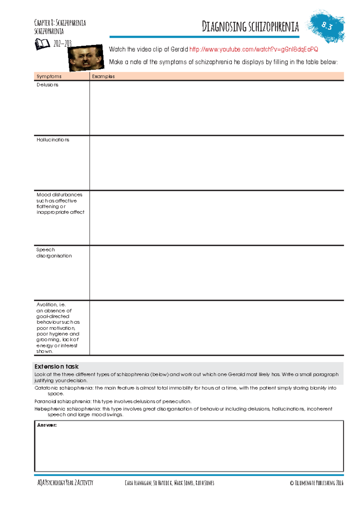 Diagnosing schizophrenia - Gerald - AQA Psychology Year 2 Activity Cara ...