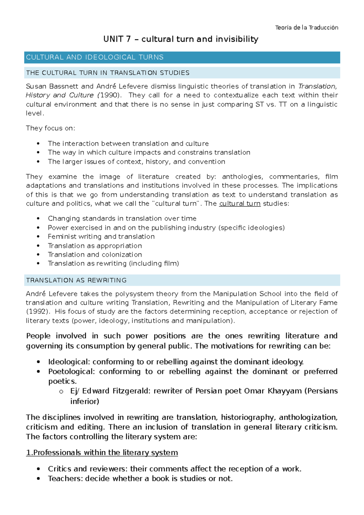 UNIT 7 apuntes - PARA DESCARGAR DOCUS - UNIT 7 – cultural turn and ...