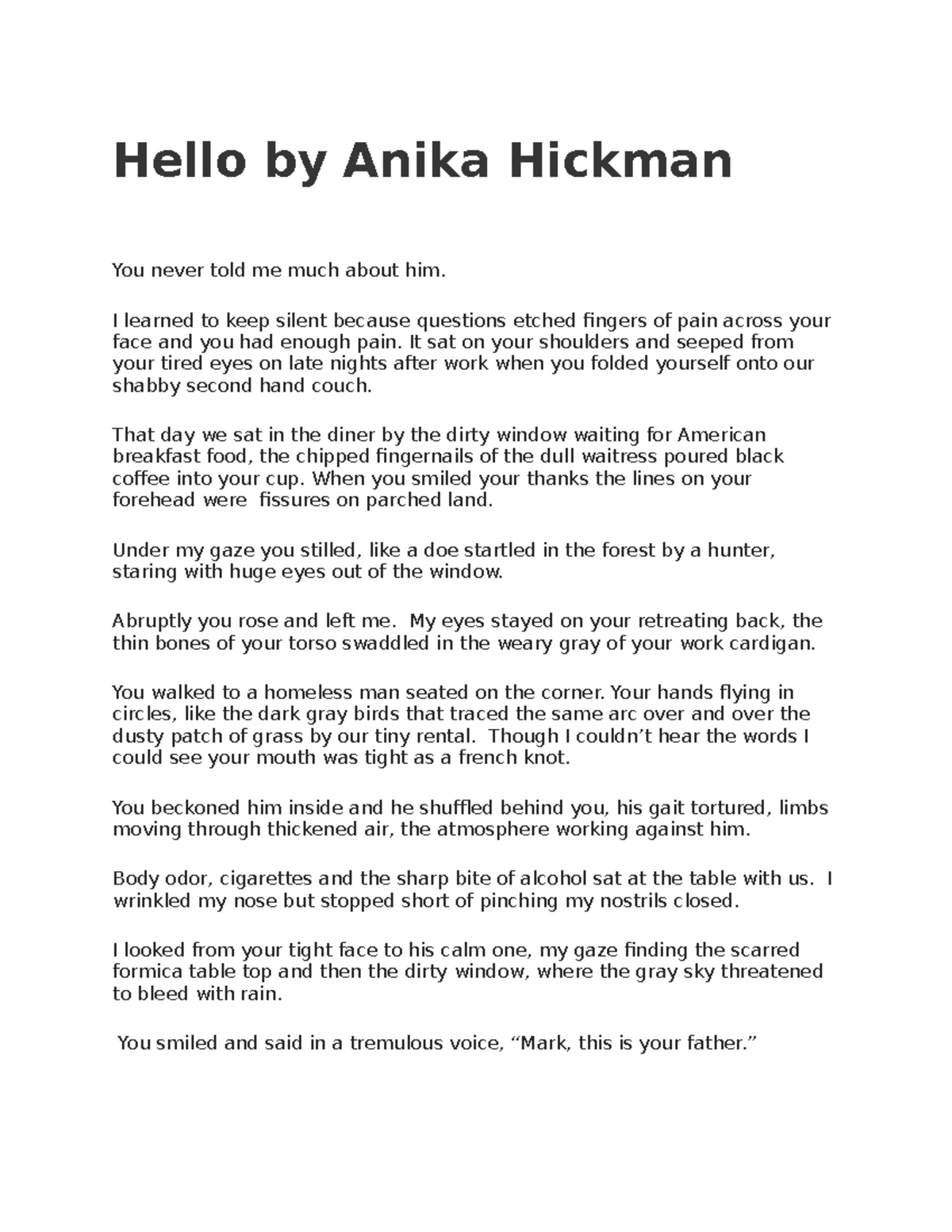 Hello by Anika Hickman - flash fiction story summary - Hello by Anika ...