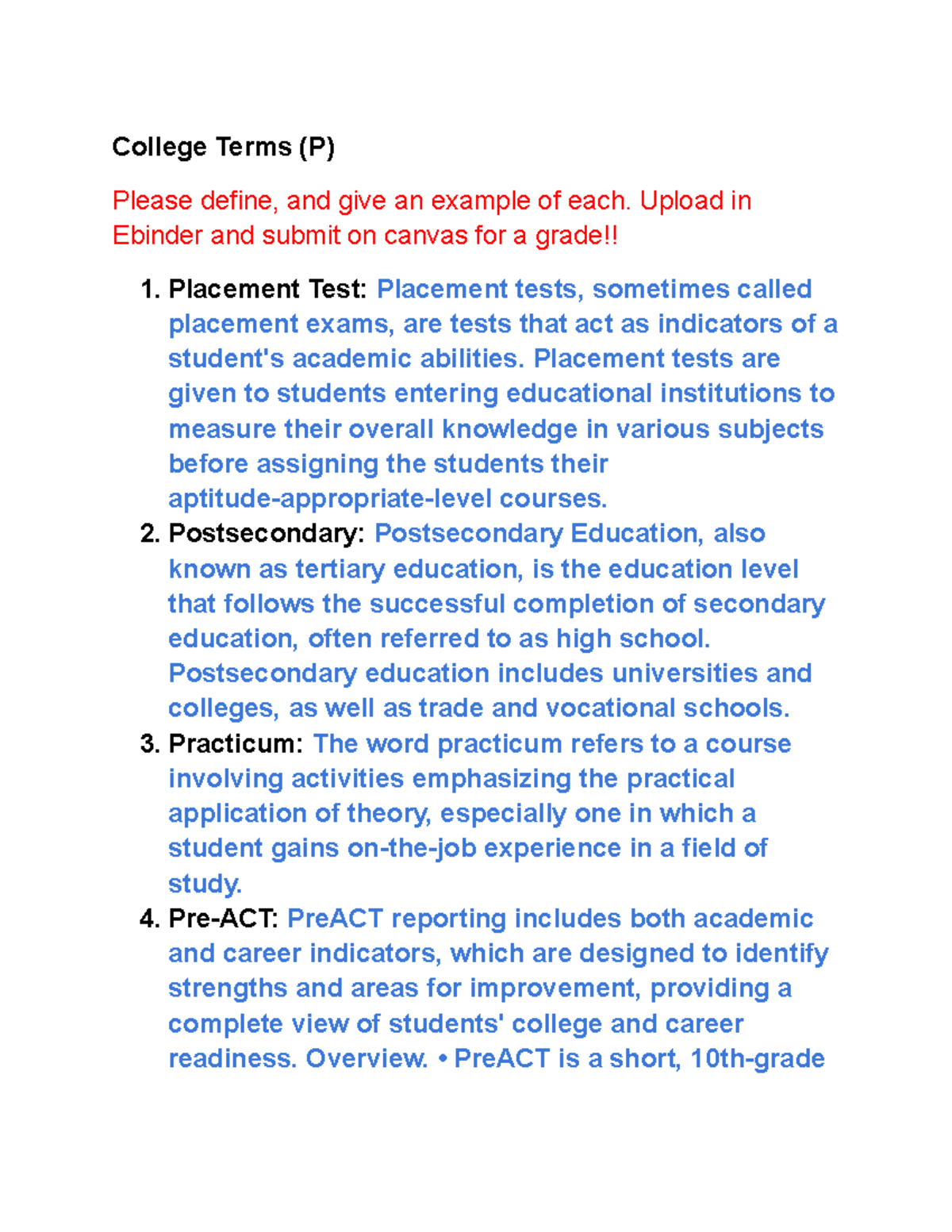 College Terms (P) - Vocab notes - College Terms (P) Please define, and ...