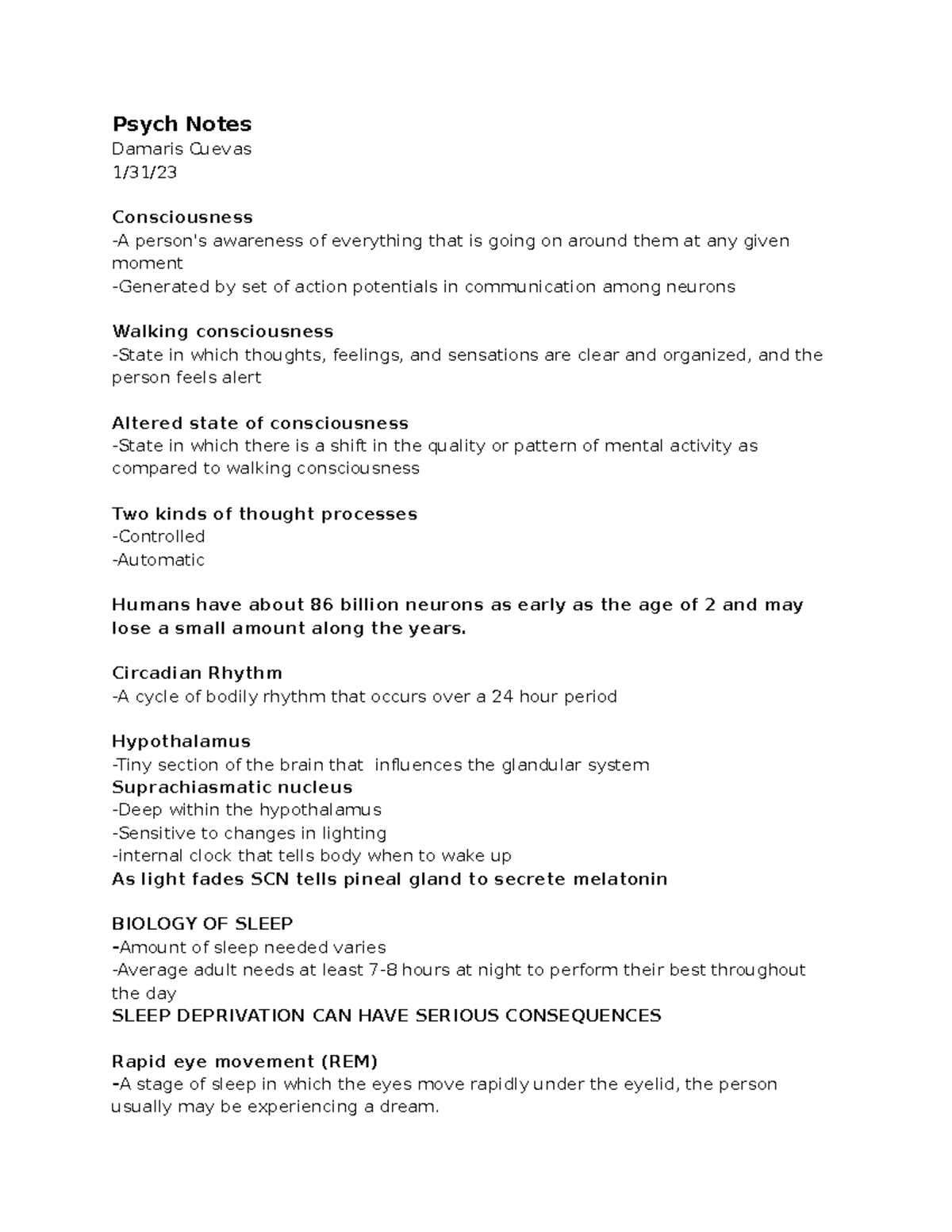 Psych 101 Notes 1 31 - Psych Notes Damaris Cuevas 1/31/ Consciousness ...