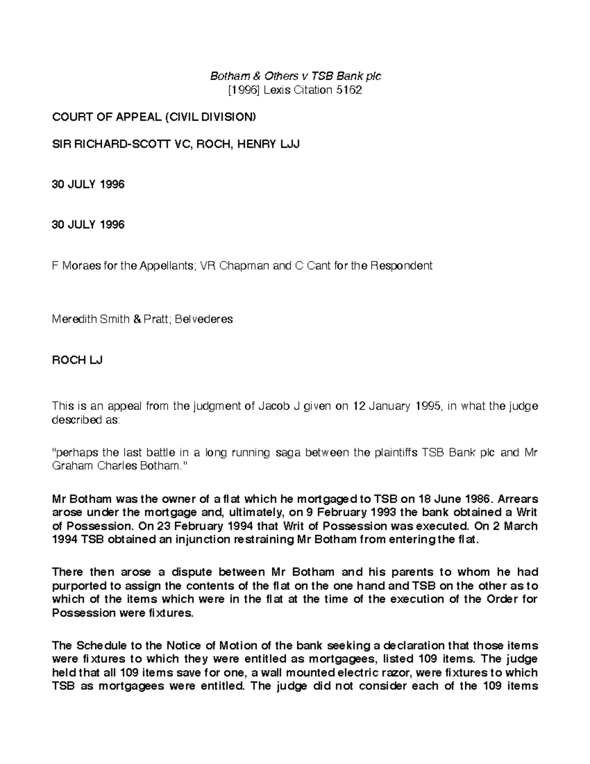 Botham & Others v TSB Bank plc [1996] - Botham & Others v TSB Bank plc ...
