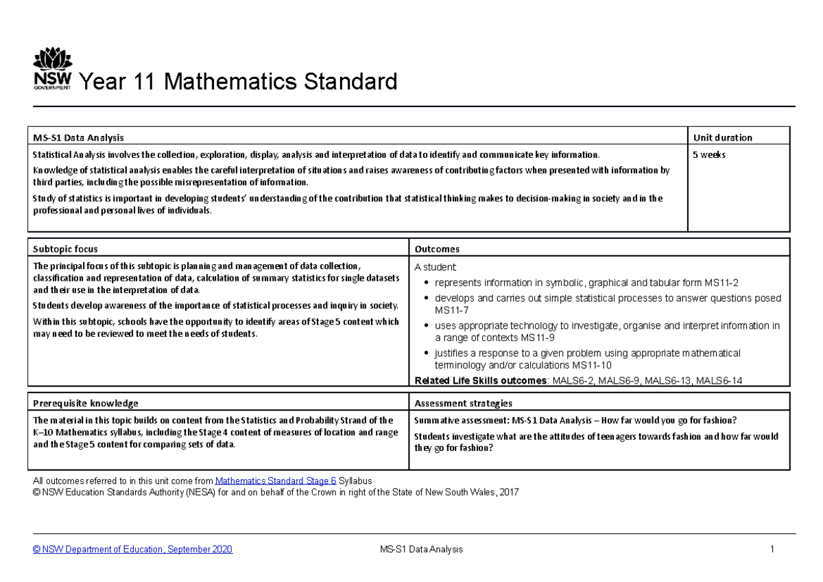 Ms-s1-data-analysis- sample-unit-s6 - Year 11 Mathematics Standard MS ...