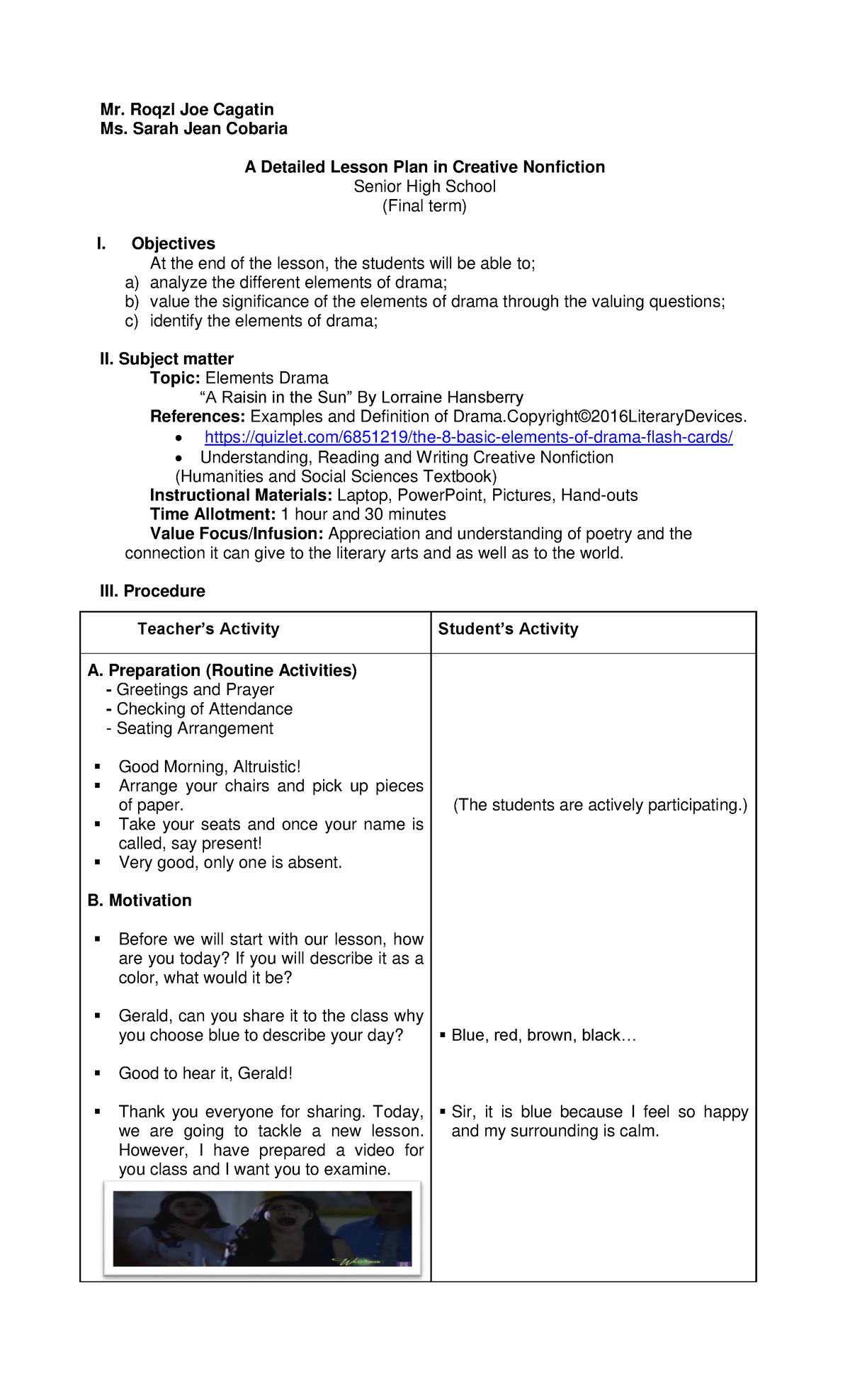 How To Teach Drama Lesson Plan Sample - Mr. Roqzl Joe Cagatin Ms. Sarah ...