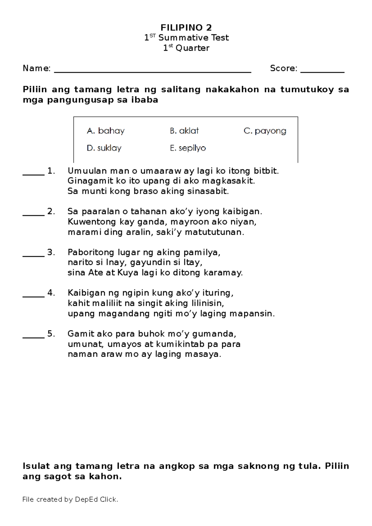 Filipino 2 ST1 Q1 - ESP2 ST1 Q1 - FILIPINO 2 1 ST Summative Test 1 st ...